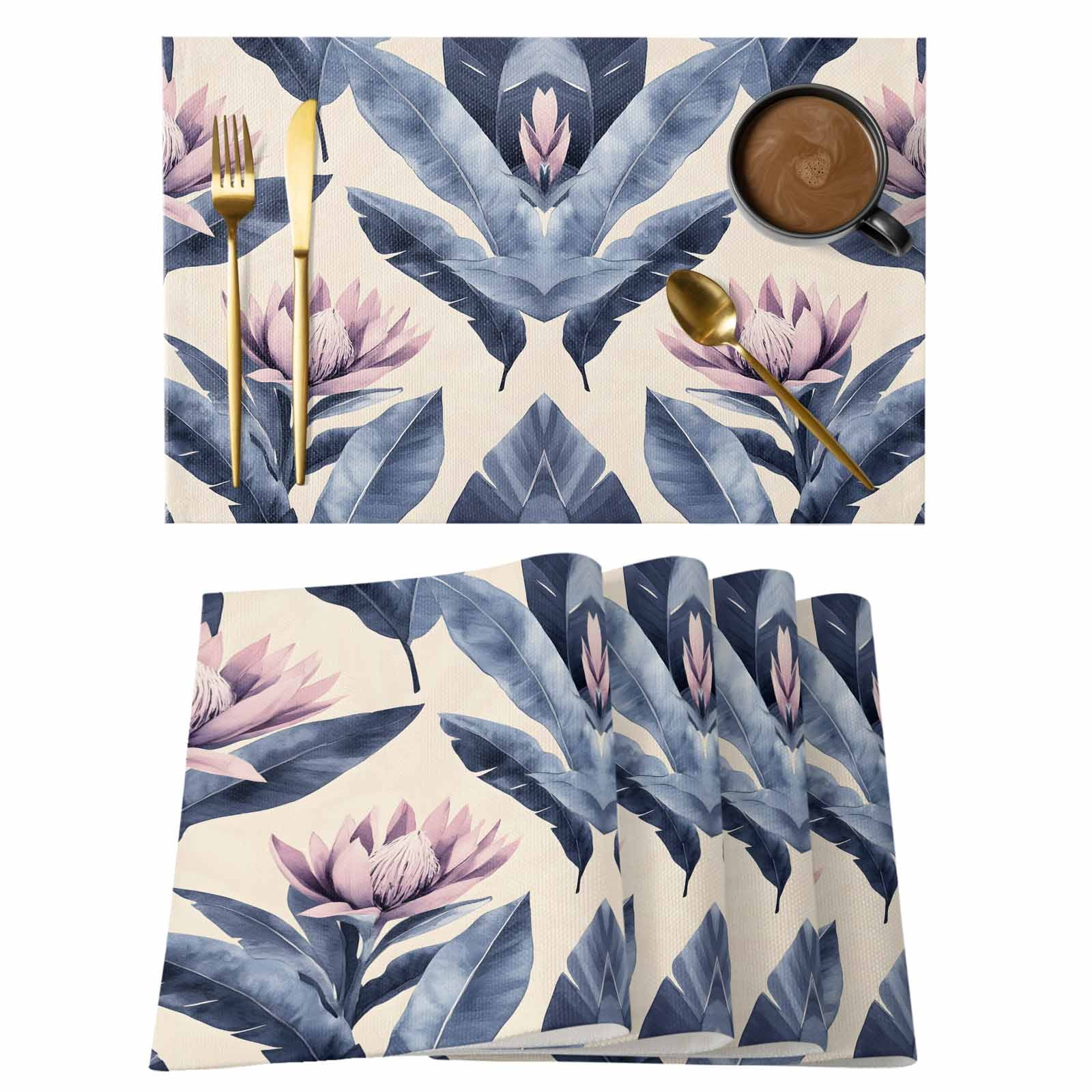 Blue Pink Purple Floral Placemats Set of 8, Cotton Linen Fabric Place ...