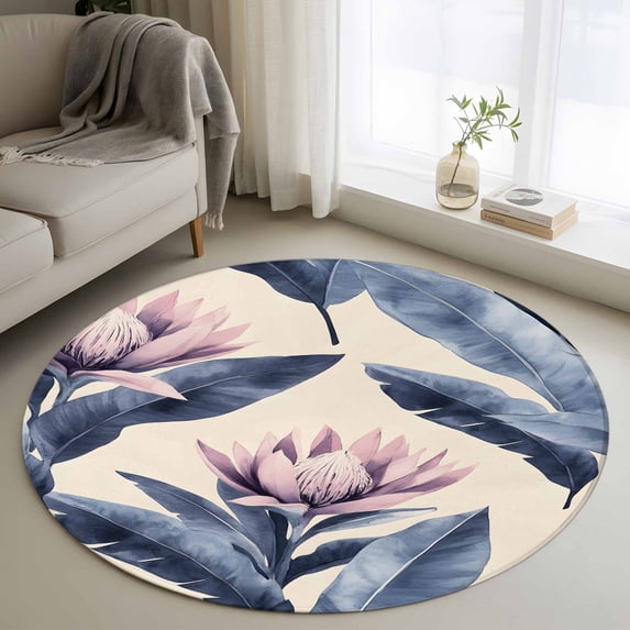 Blue Pink Purple Floral Round Area Rug 4 FT, Non Slip Indoor Outdoor ...