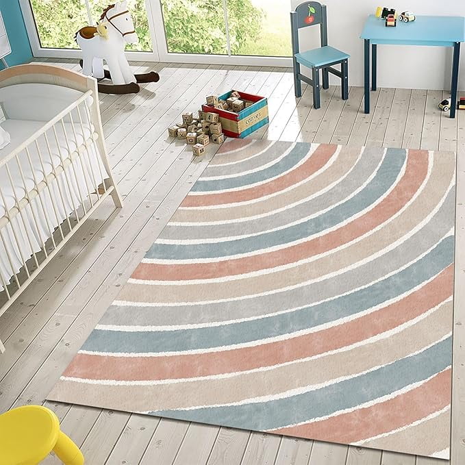 Blue Pink Rainbow Stripes Area Rug, Retro Geometry Bedroom Rugs ...