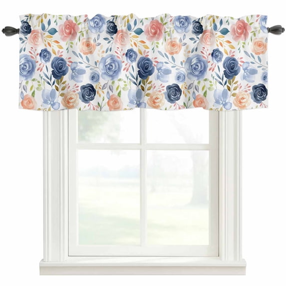 Blue Pink Rose Window Valance Curtain Watercolor Flowers Leaves Rod ...