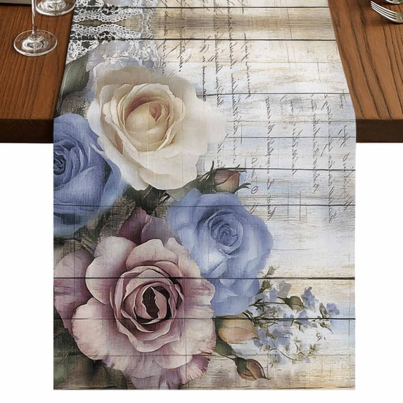 Blue Pink Roses 72 Inch Table Runner, Retro Botanical Flowers Wooden ...