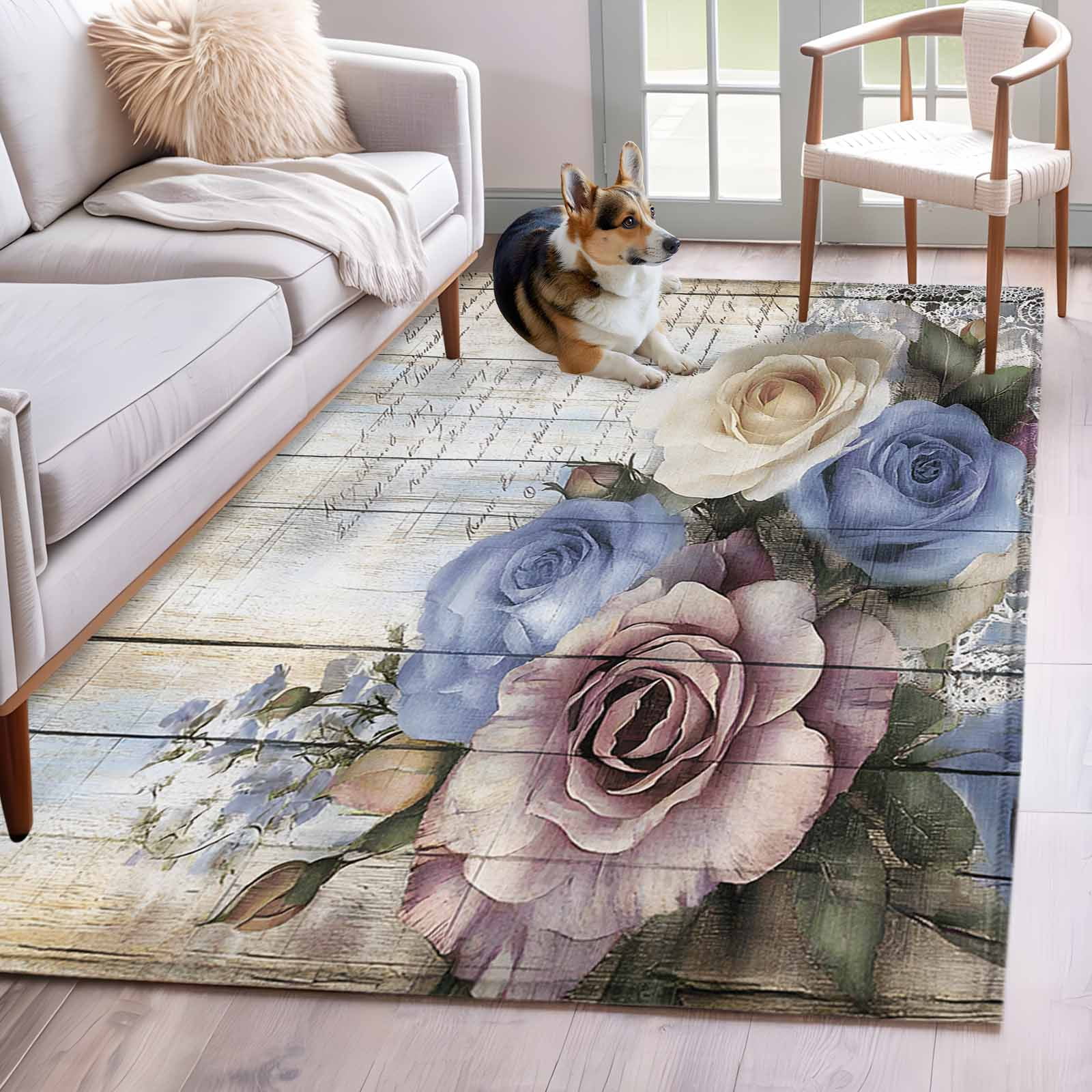 Blue Pink Roses Area Rug 3x5 Washable Rug Non Slip Retro Botanical ...