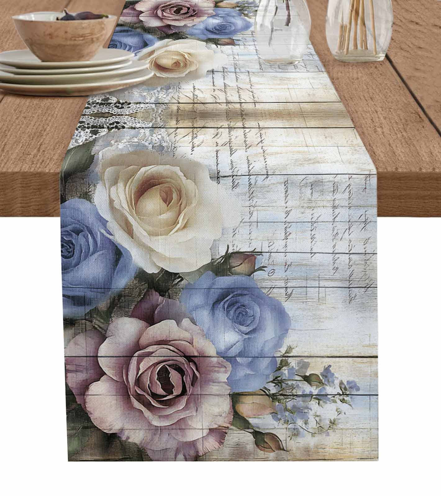 Blue Pink Roses Burlap Cotton Table Runner 13x108 Inches Long, Retro ...