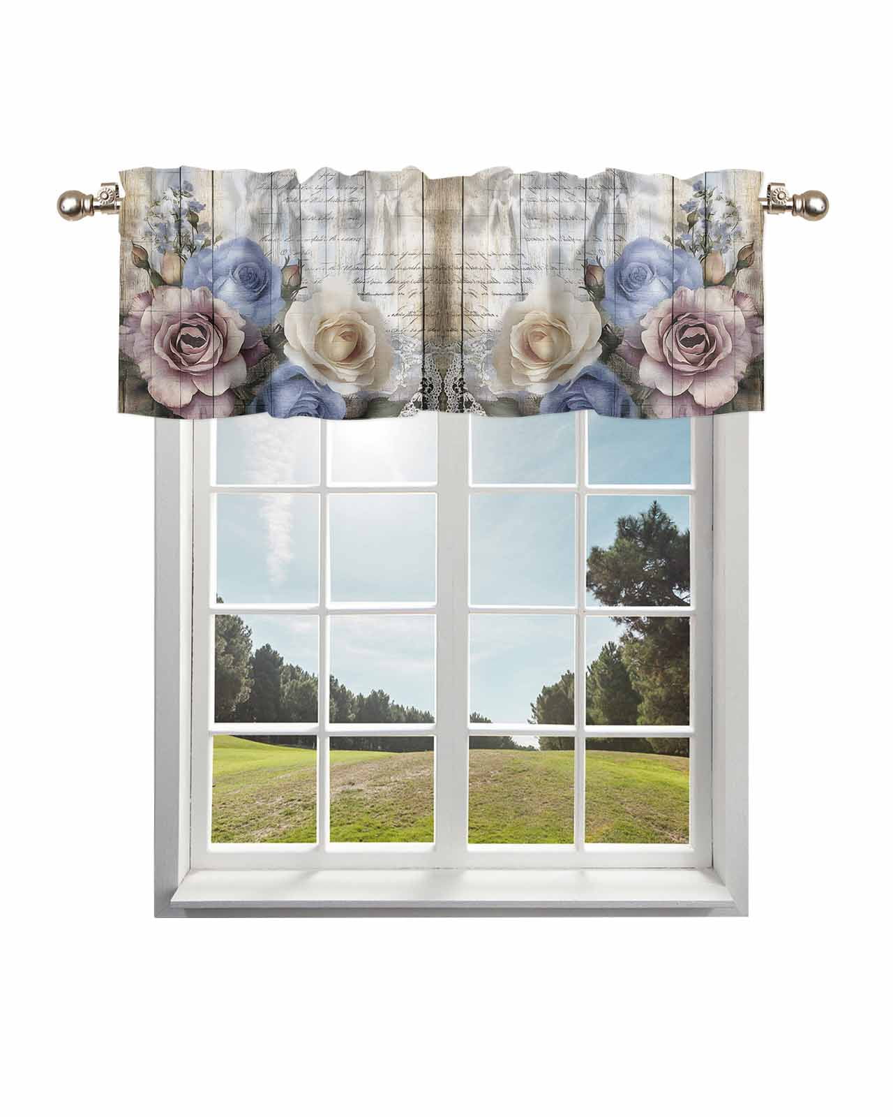 Blue Pink Roses Curtain Valance for Windows/Living Room/Kitchen ...