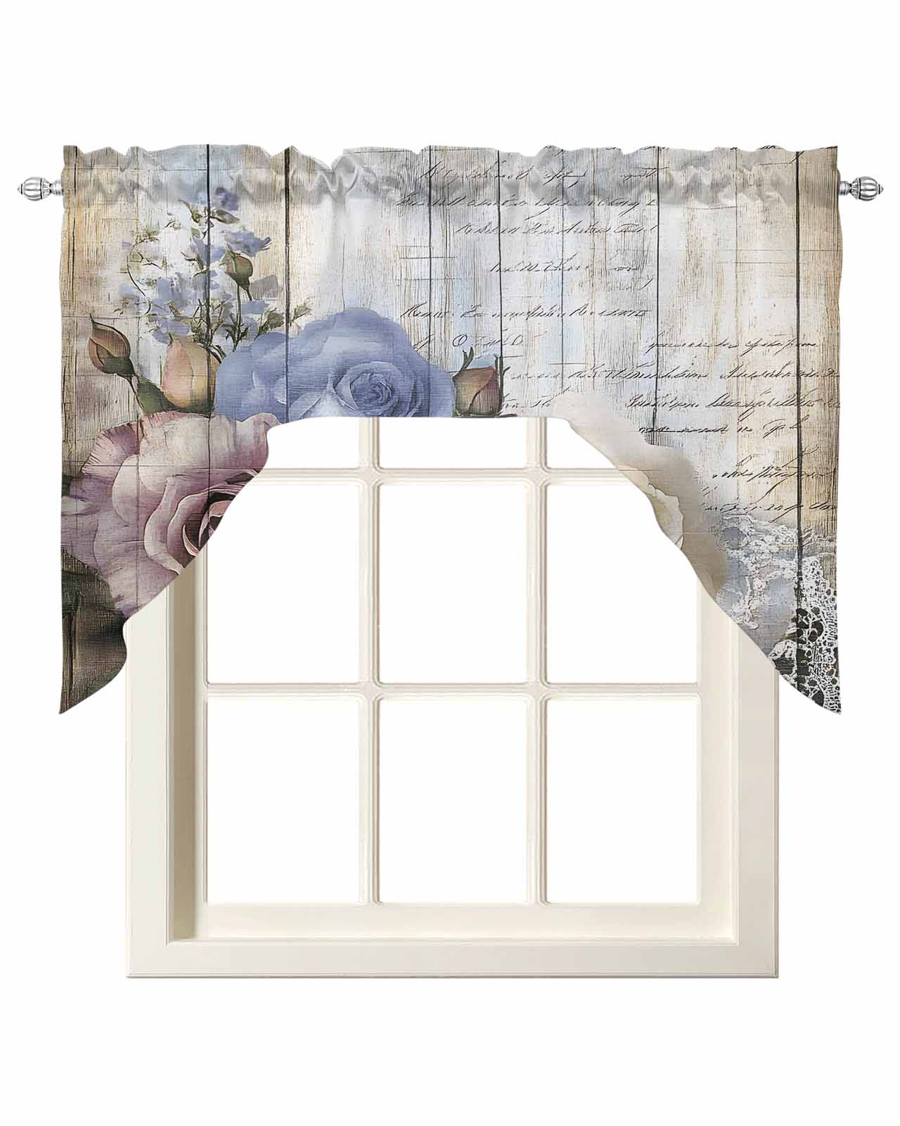Blue Pink Roses Kitchen Swag Valances for Windows, Retro Botanical ...
