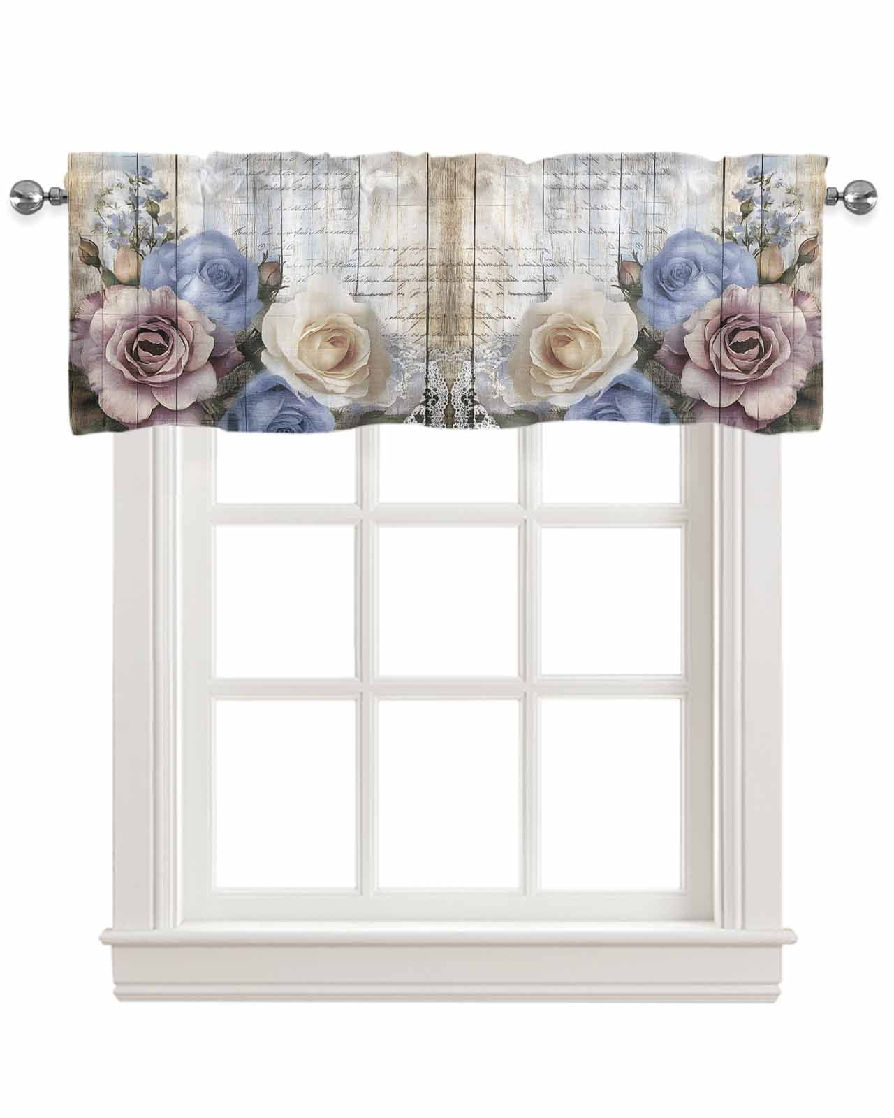 Blue Pink Roses Kitchen Valances for Windows Farmhouse Linen Window ...