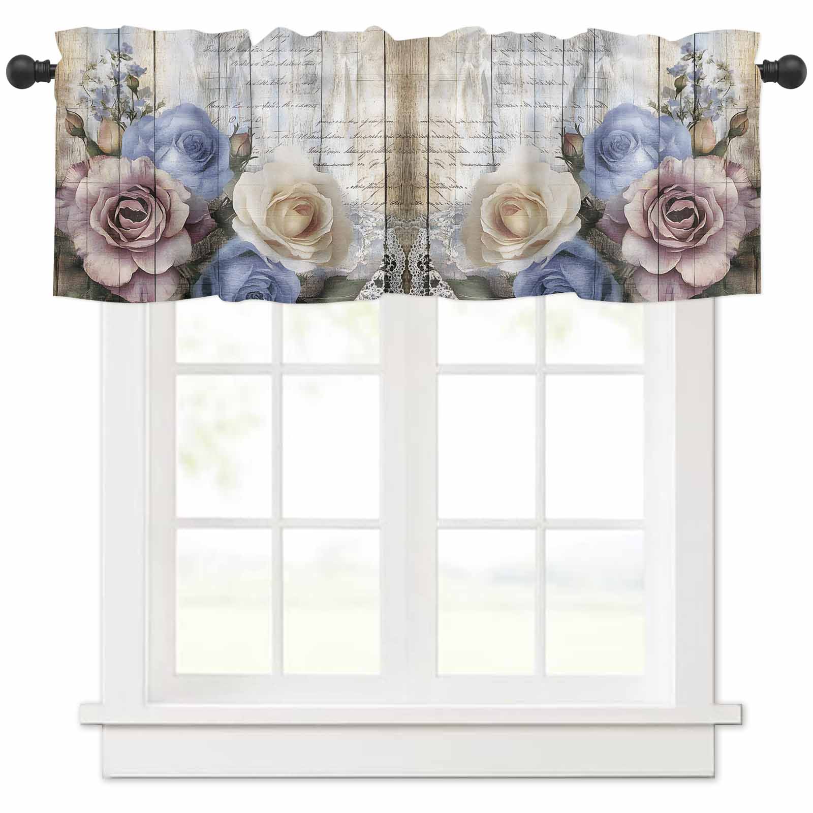 Blue Pink Roses Valances for Windows Farmhouse Kitchen Curtains ...