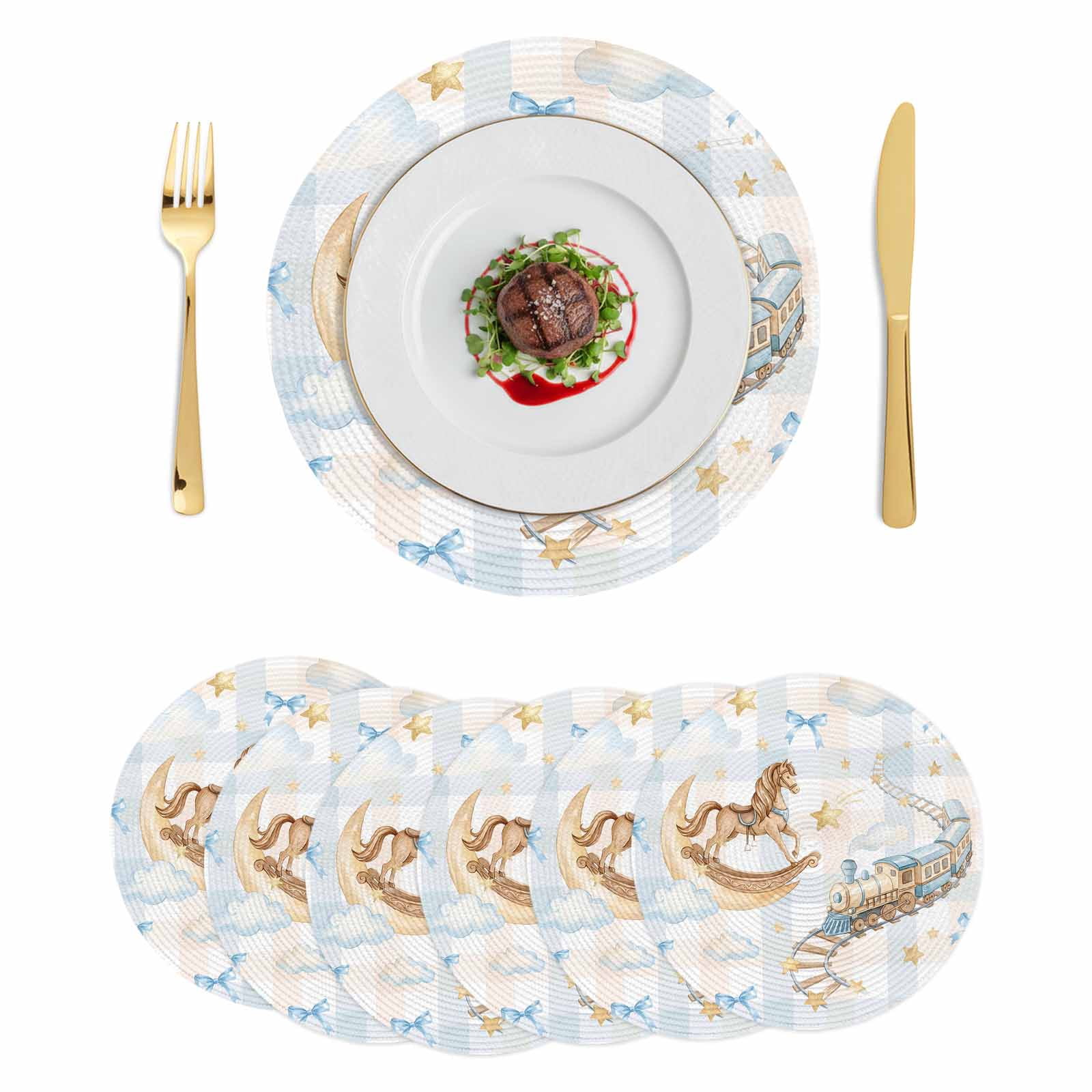 Blue Pink Round 15 Inch Placemats Set of 6, Cute Hobbyhorse Train Cloud ...