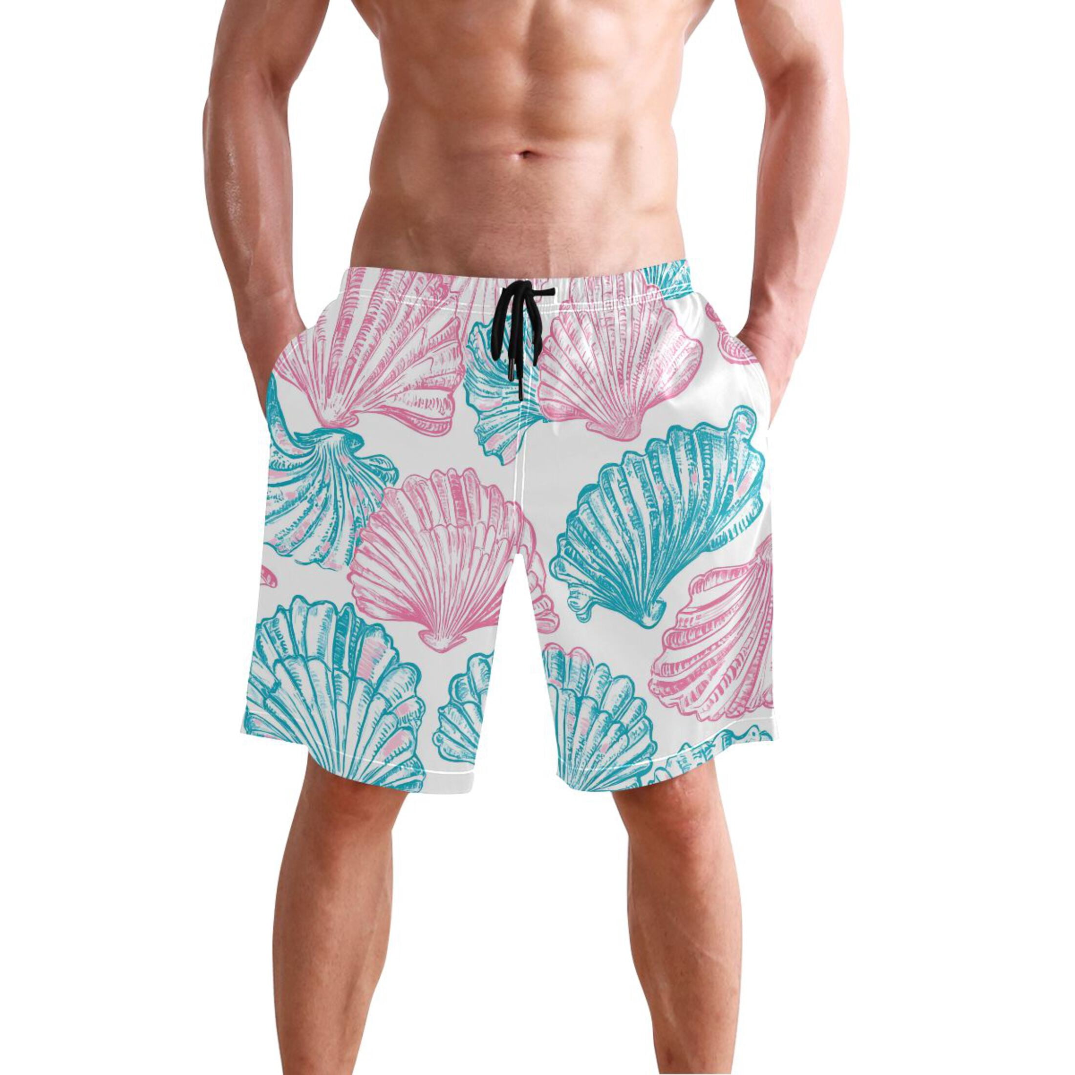 Blue Pink Seashells Hand Painted Men's Swim Trunks Beach Shorts Bathing ...