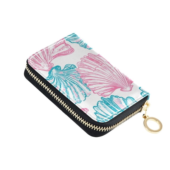 Blue Pink Seashells Hand Painted Women's Credit Card Holder PU Leather ...