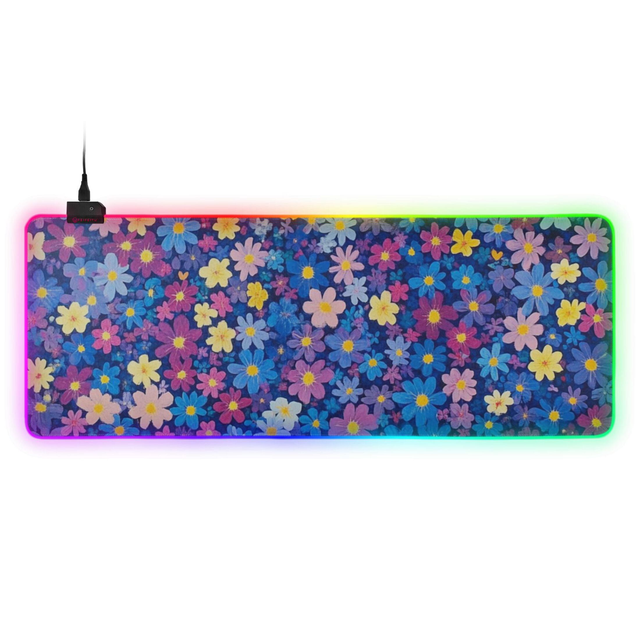 Blue Pink Simple Flowers RGB Gaming Mouse Pad Large Keyboard Mat Rubber ...