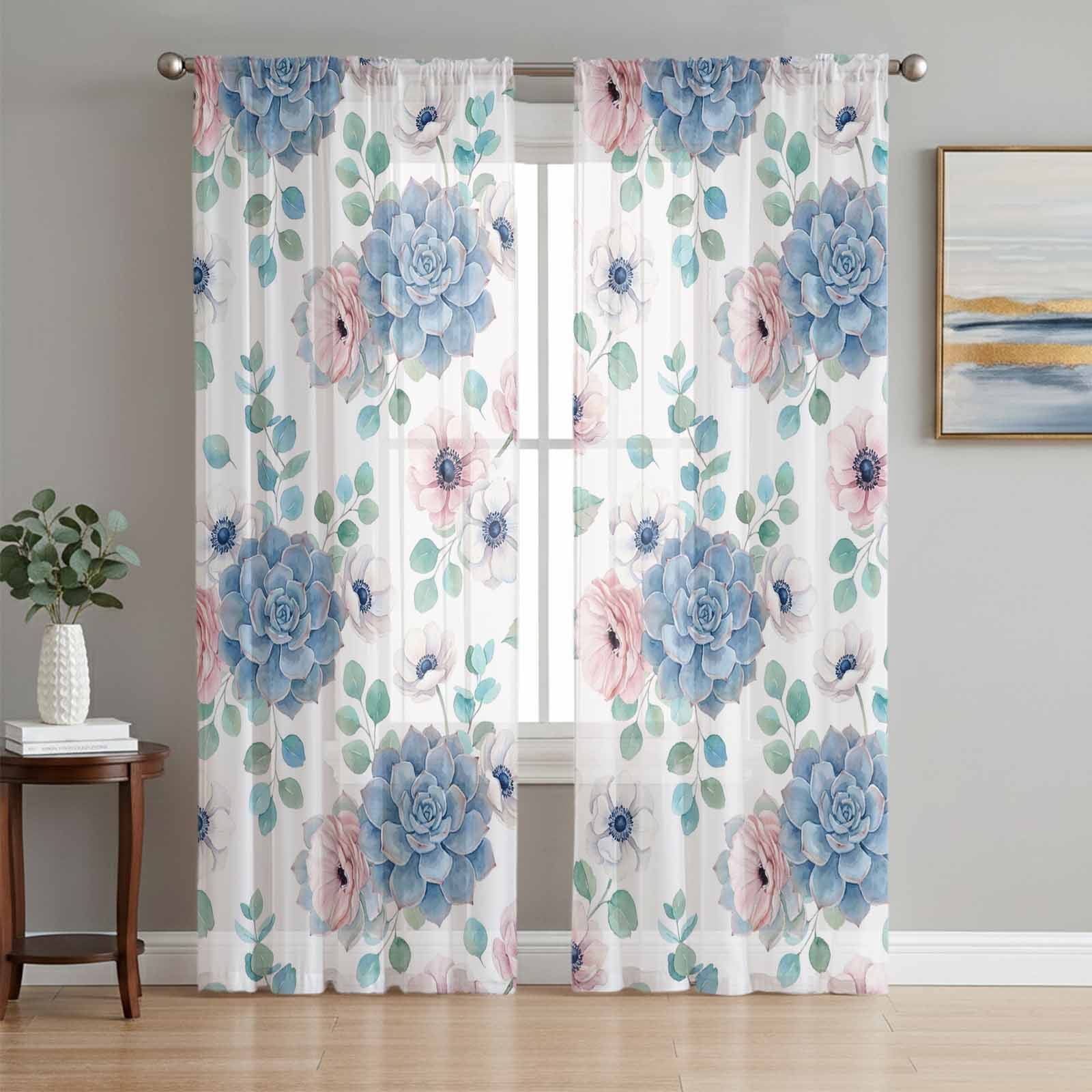 Blue Pink Spring Floral Sheer Curtains for Living Room Bedroom Summer ...