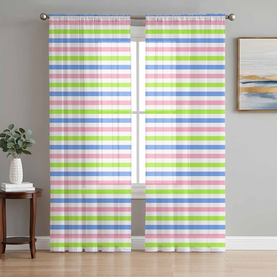 Blue Pink Stripe Sheer Curtains 96 Inch Length 2 Panels Set, Minimalist ...