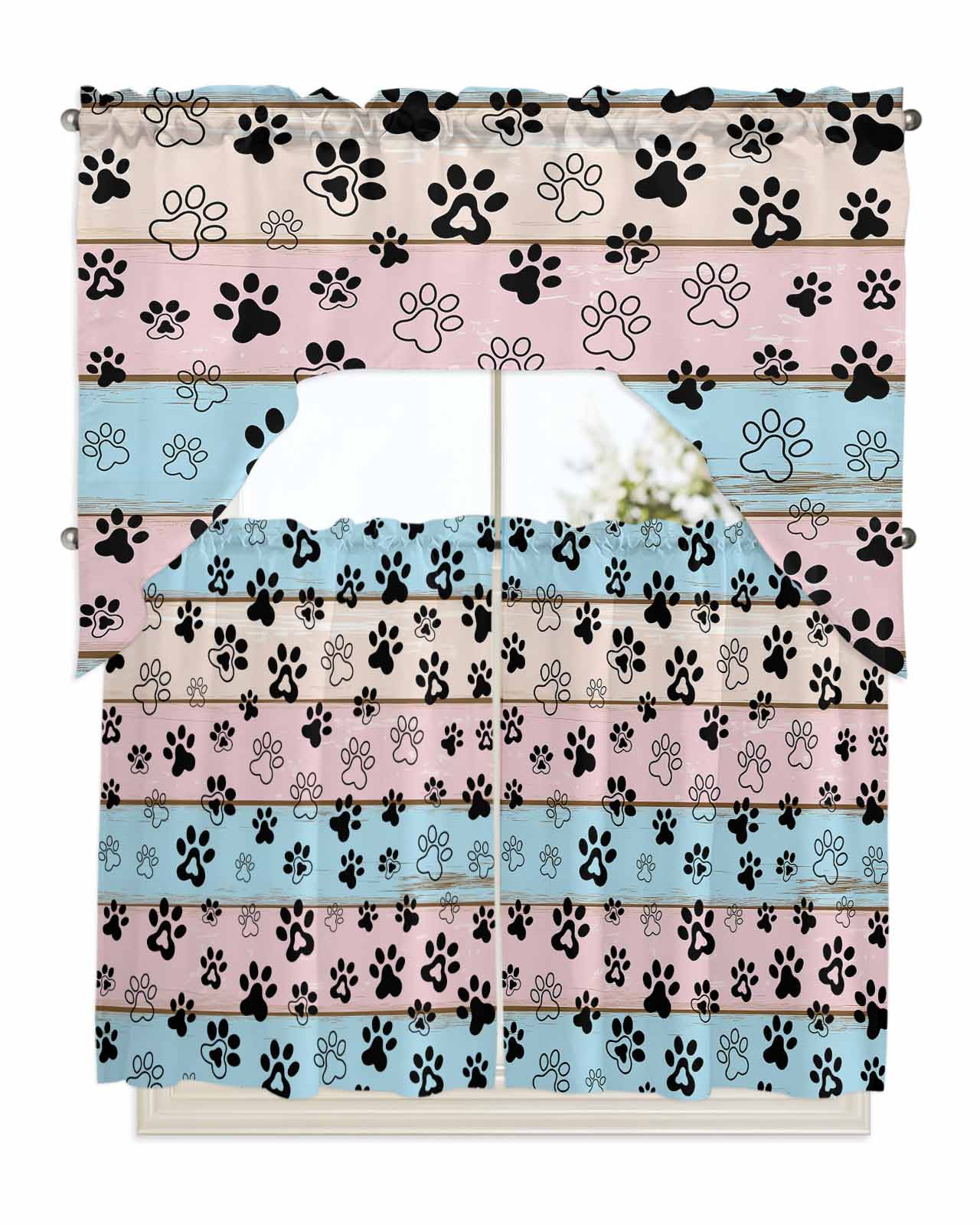 Blue Pink Swag Curtains Valance and Tier Set,Farmhouse Black Cat Dog ...