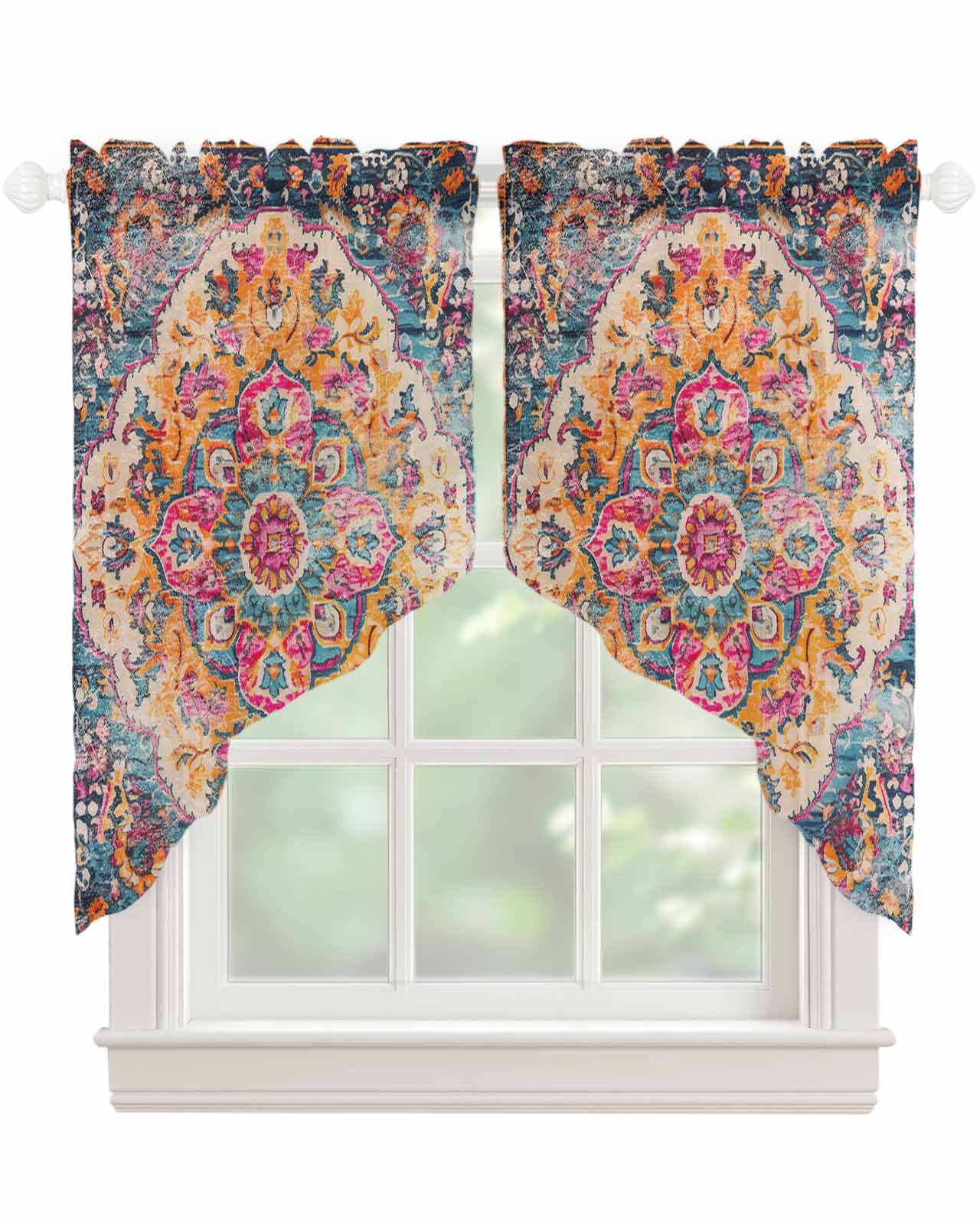Blue Pink Swag Valances for Windows, Boho Middle Century Geometric ...
