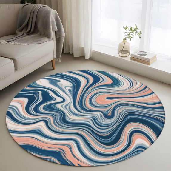 Blue Pink White Marble 3FT Round Area Rugs Fluid Art Abstract Soft ...
