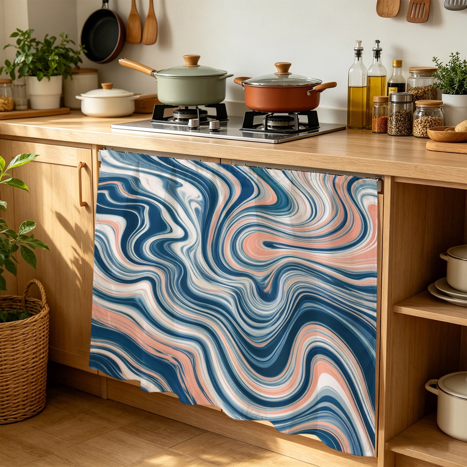 Blue Pink White Marble Cabinet Curtains for Kitchen 35"W x 35"L, Fluid ...