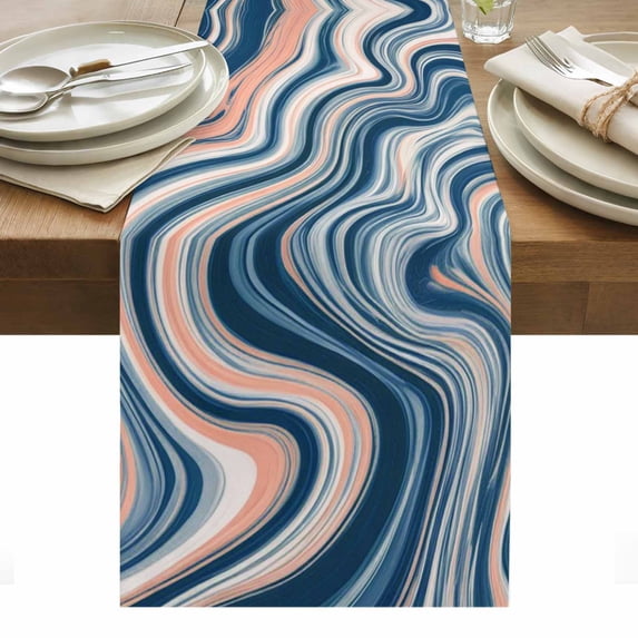 Blue Pink White Marble Cotton Linen Table Runner Fluid Art Abstract ...