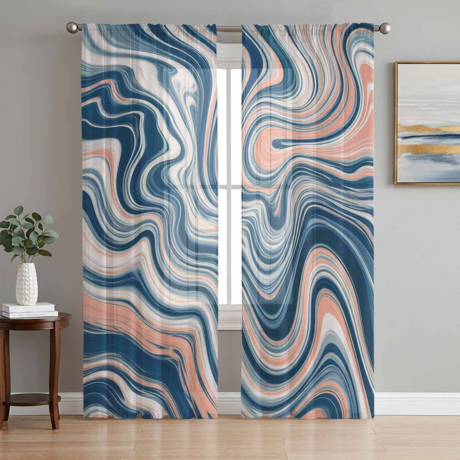 Blue Pink White Marble Sheer Curtains for Living Room Bedroom, Fluid ...
