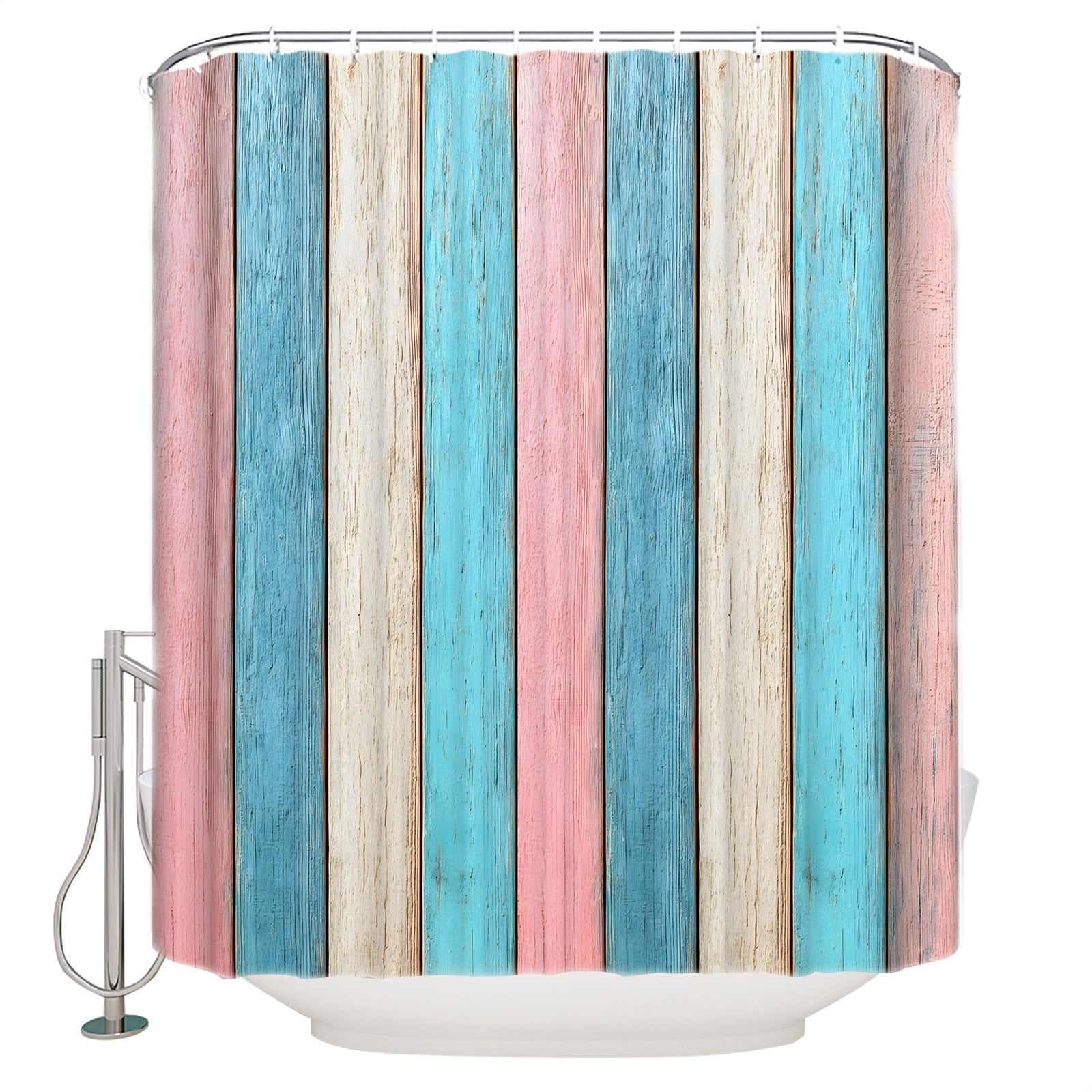 Blue Pink Wooden Grain Bathroom Shower Curtains with 12 Hooks ...