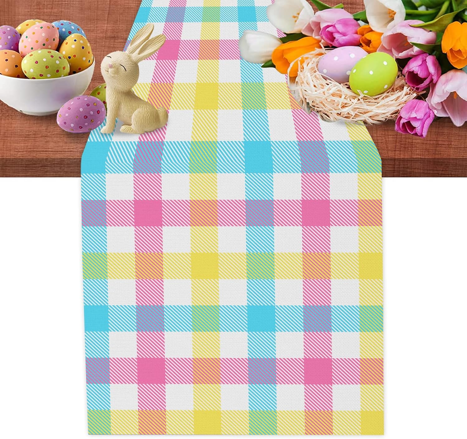 Blue Pink Yellow Buffalo Check Plaid Table Runner Spring Summer Easter ...