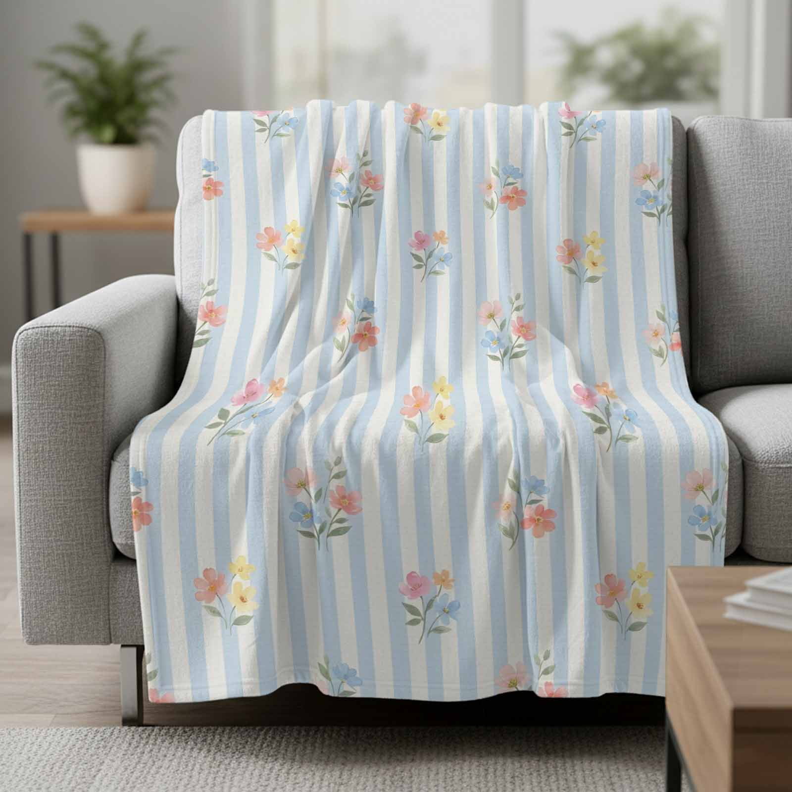 Blue Pink Yellow Floral Fleece Throw Blanket Blue Stripes Farmhouse ...