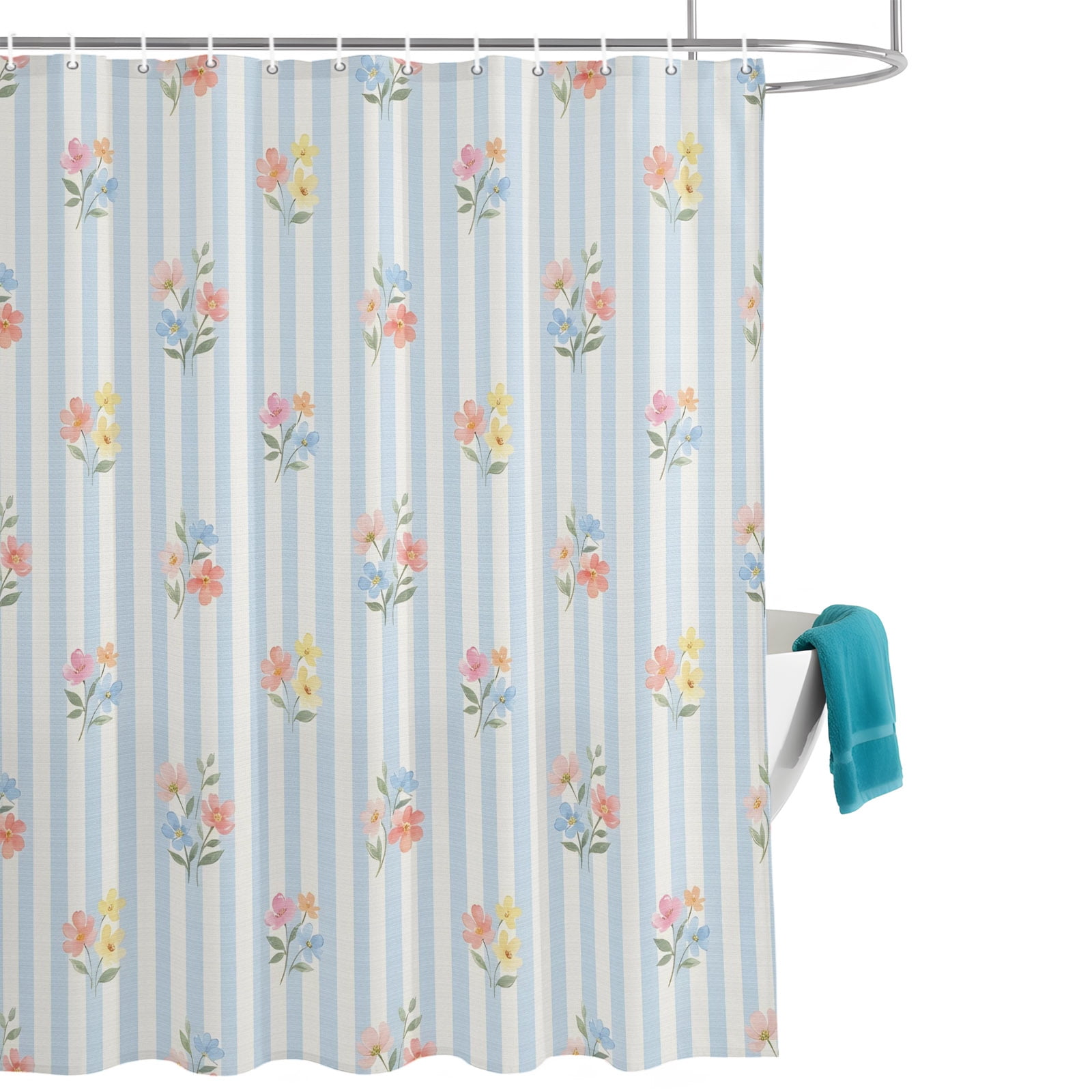 Blue Pink Yellow Floral Shower Curtain, Blue Stripes Farmhouse ...