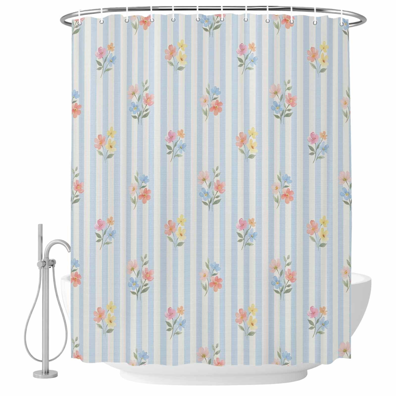 Blue Pink Yellow Floral Shower Curtain Set with Hooks, Blue Stripes ...