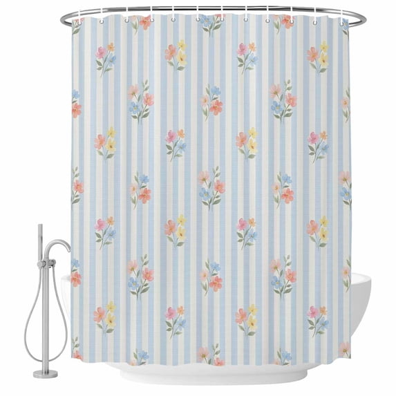 Blue Pink Yellow Floral Shower Curtain Set with Hooks, Blue Stripes ...