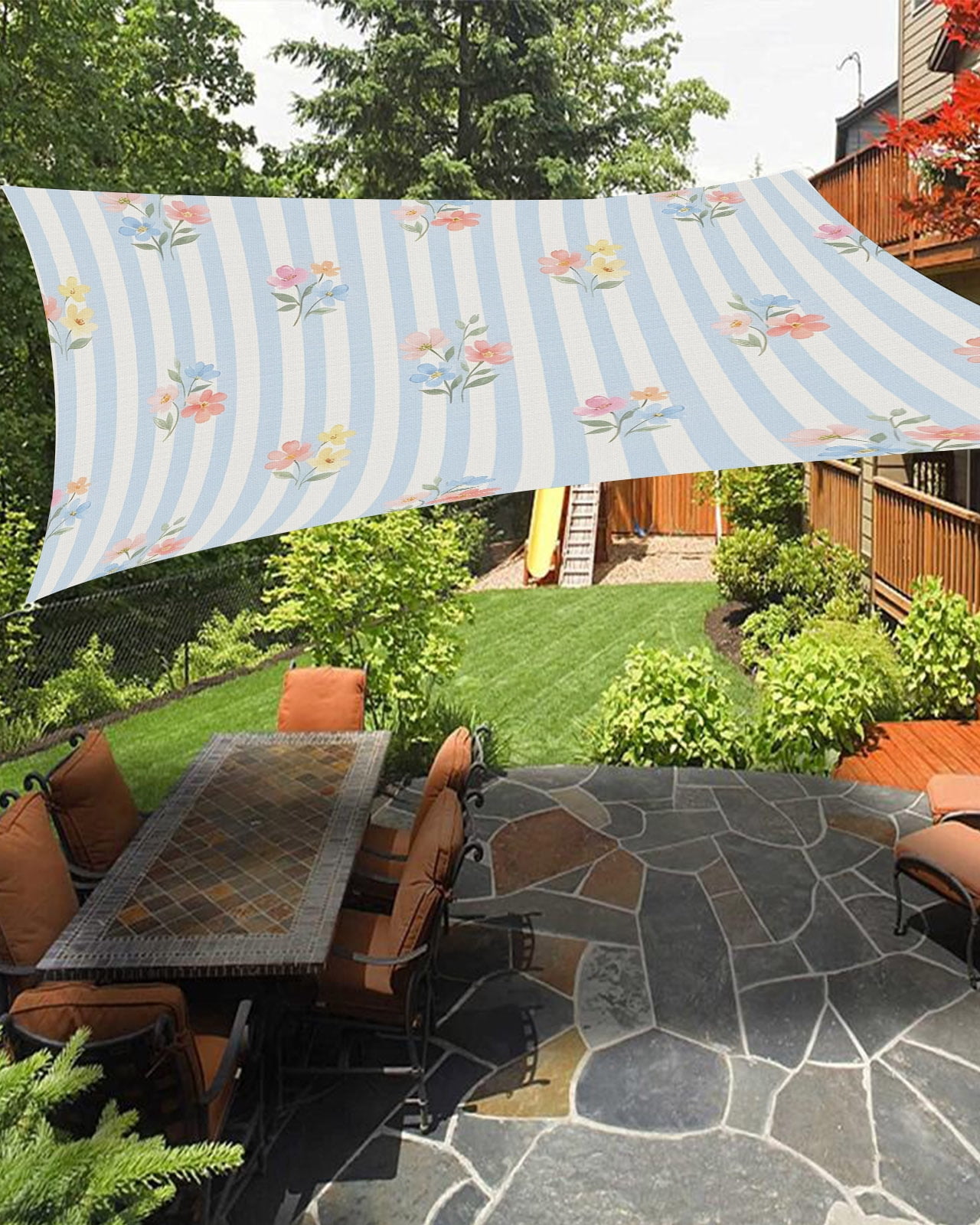 Blue Pink Yellow Floral Sun Shade Sail 6.5'X10' Blue Stripes Farmhouse ...