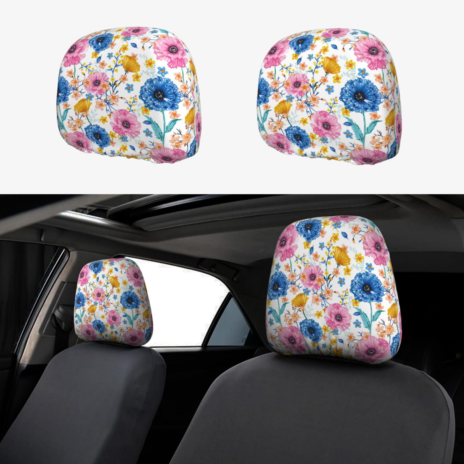 Blue Pink Yellow Rose Flowers Headrest Cover for Cars, 2Pack Car ...