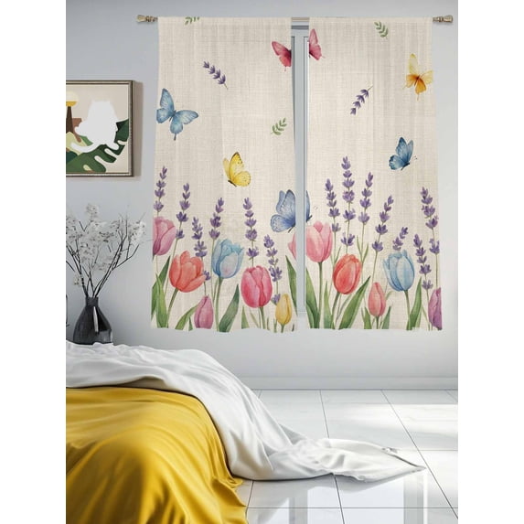 Blue Pink Yellow Tulips Butterfly Sheer Curtains 2 Panels Set Summer ...