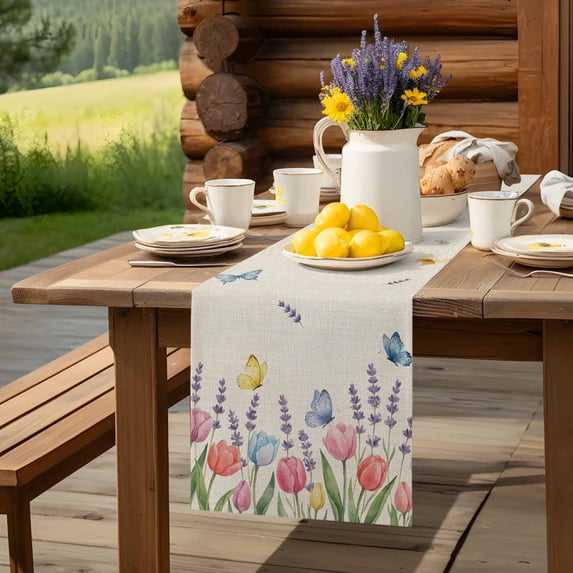 Blue Pink Yellow Tulips Butterfly Table Runner 13x72in Non-Slip Cotton ...