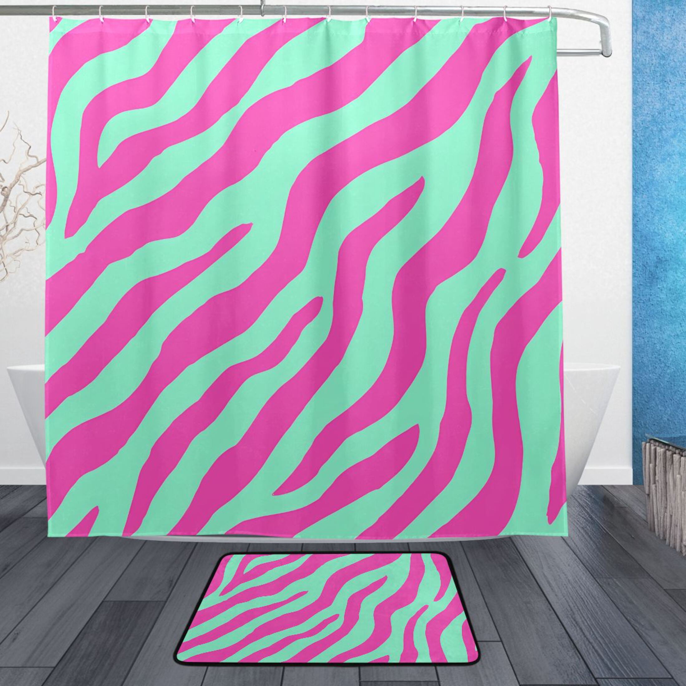 Blue Pink Zebra Pattern Bathroom Accessory Sets Waterproof Shower ...