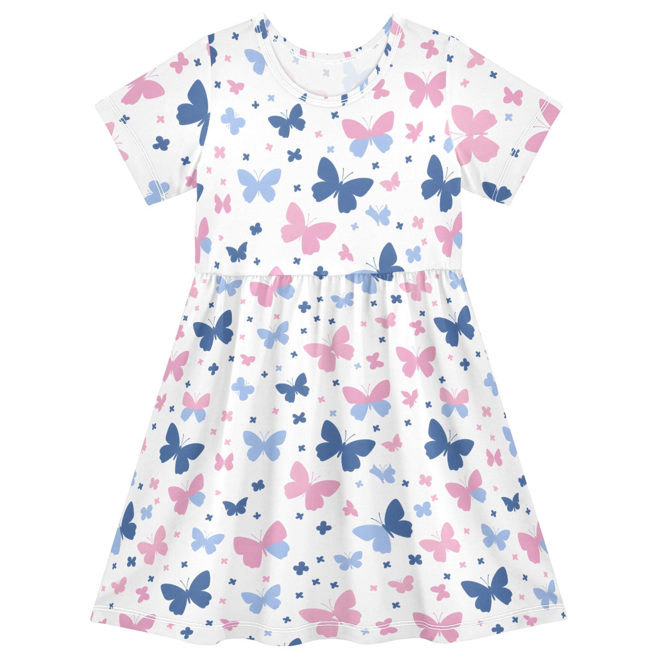Blue Pink and White Butterflies Short Sleeve Dress A-Line Cute Midi ...