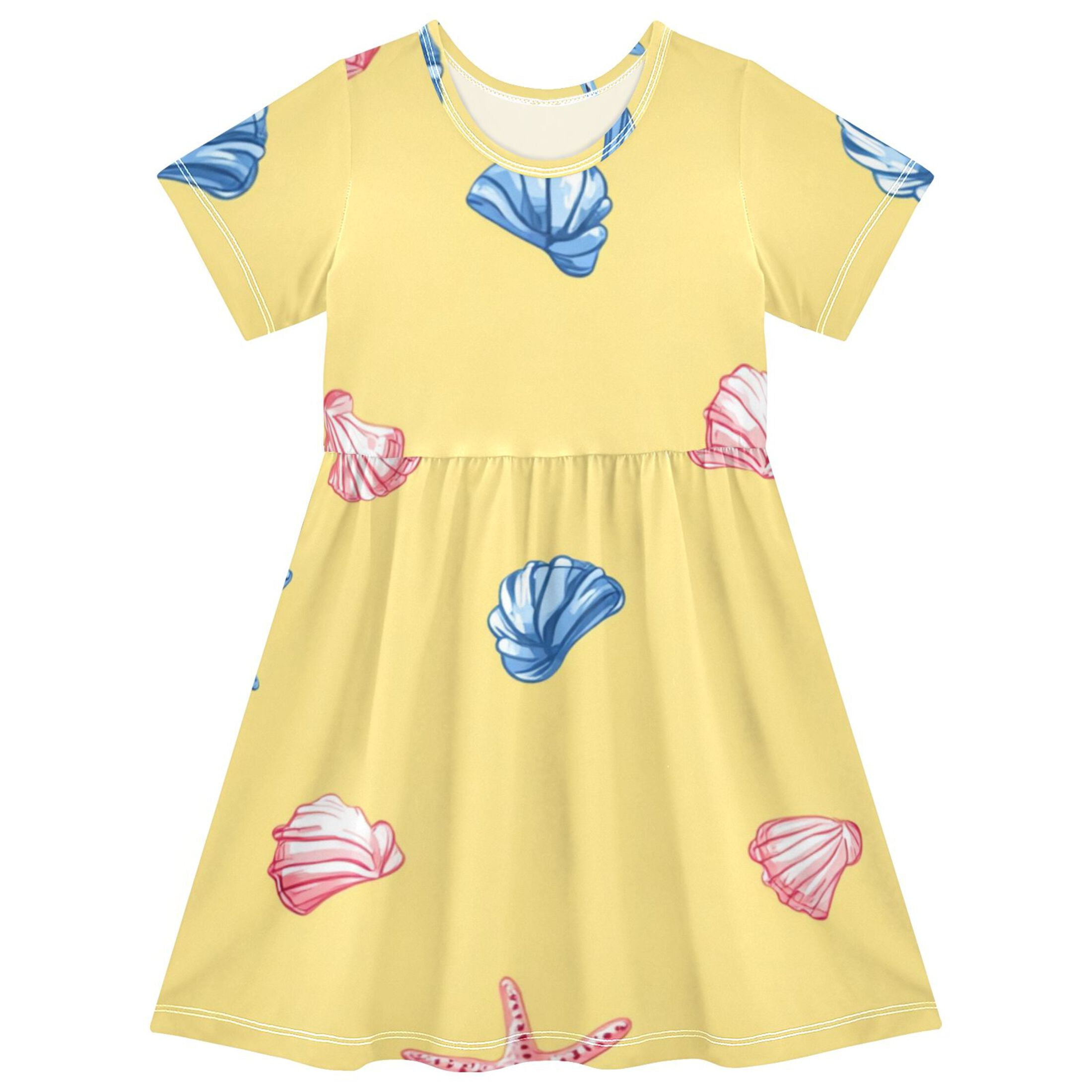 Blue Pinkish Seashells Starfish Girls' Short Sleeve Dress A-Line One ...