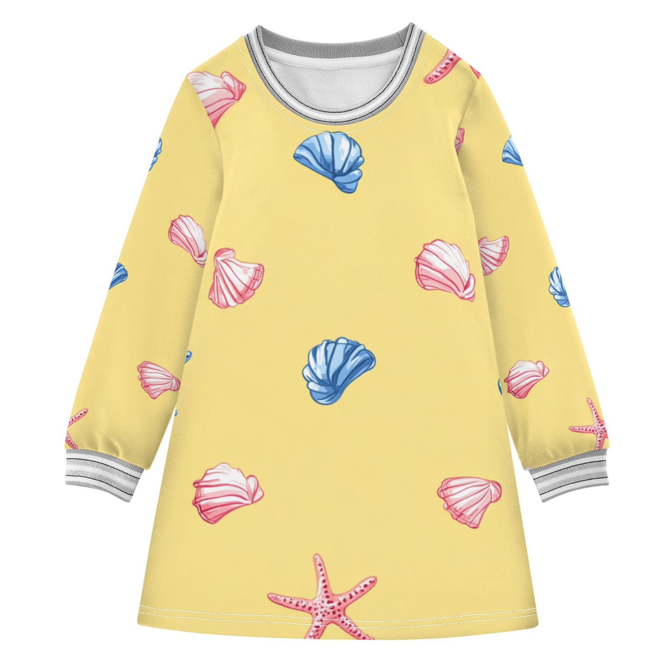 Blue Pinkish Seashells Starfish Long-sleeved Dress A-line One-Piece ...