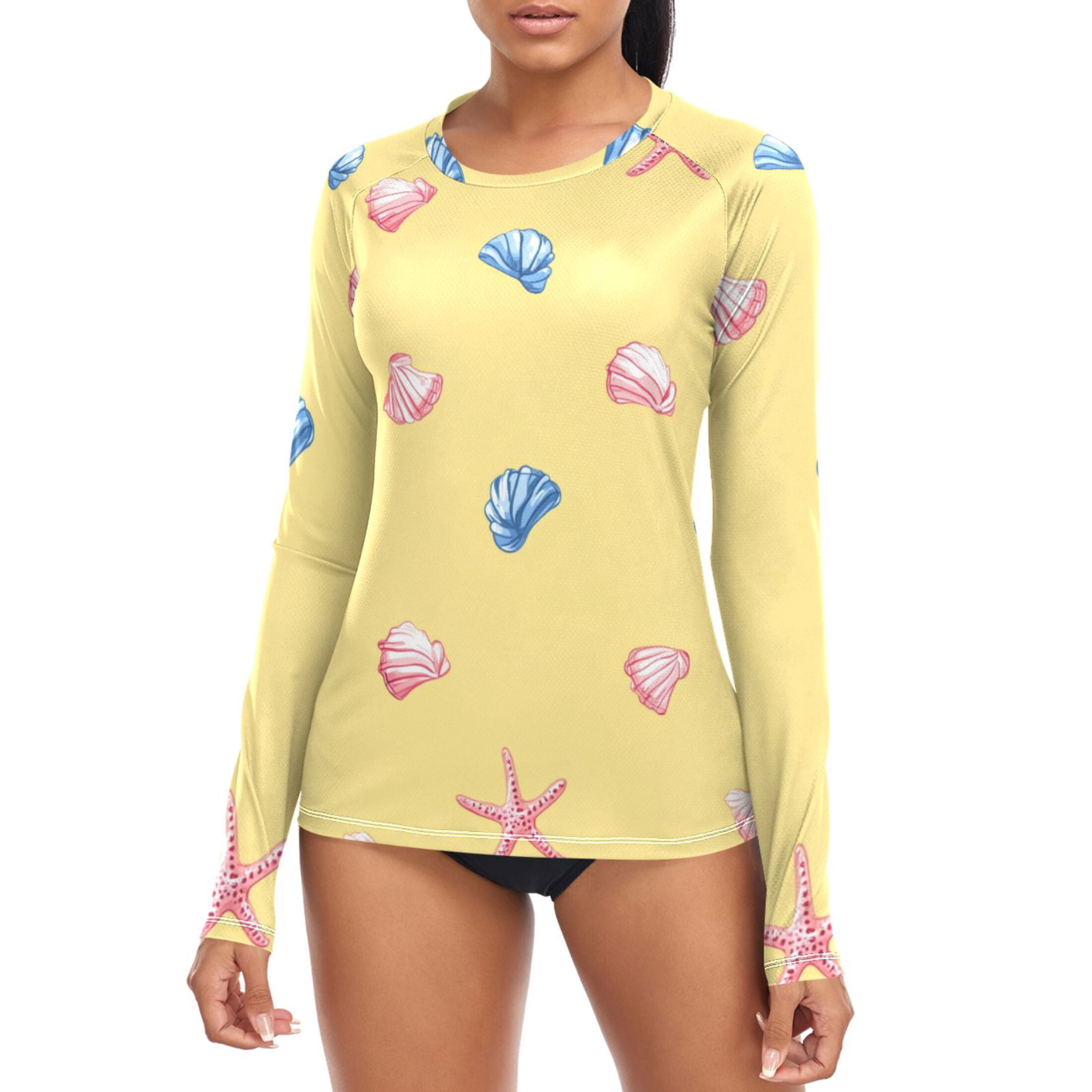 Blue Pinkish Seashells Starfish Women's Rash Guard Shirts UPF 50+ Sun ...