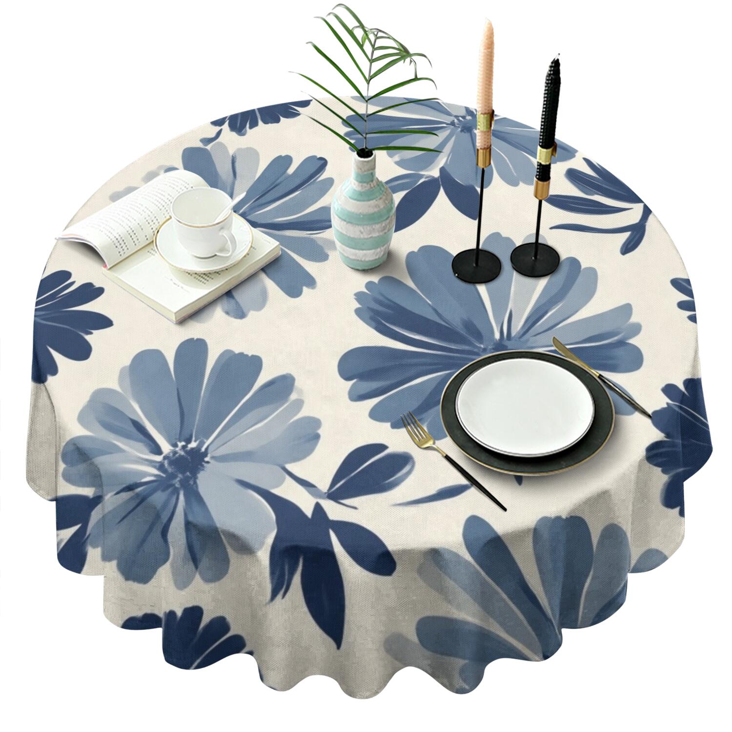 Blue Pioneer Flower Round Tablecloth 60" X 60",Wrinkle Wipeable Table ...