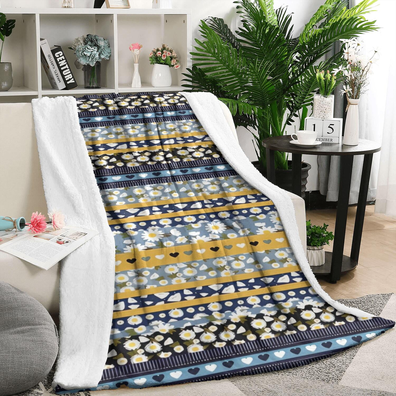 Blue Pioneer Flower Striped Pattern Blanket,Comfortable Soft Lamb Wool ...