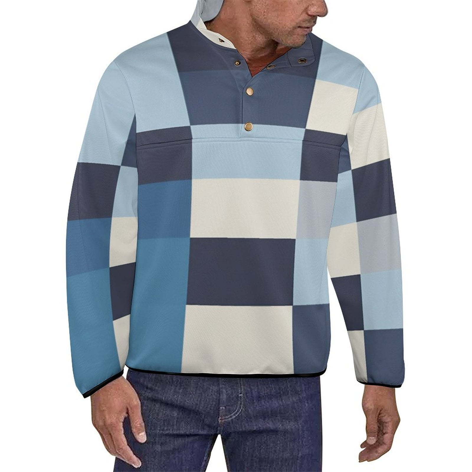 Blue Pixel Art Grid Men's Stand Collar Sweater Long Sleeve Clothing ...