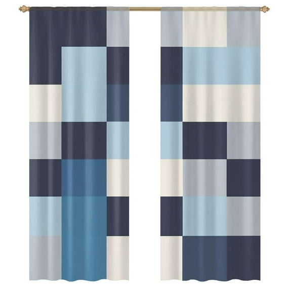 Blue Pixel Art Grid Modern Tulle Window Curtains for Living Room Luxury ...