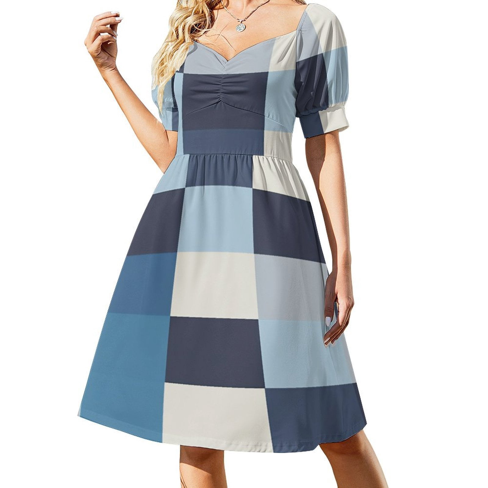 Blue Pixel Art Grid Short Sleeve Dress Clothes Women's Summer Dress ...