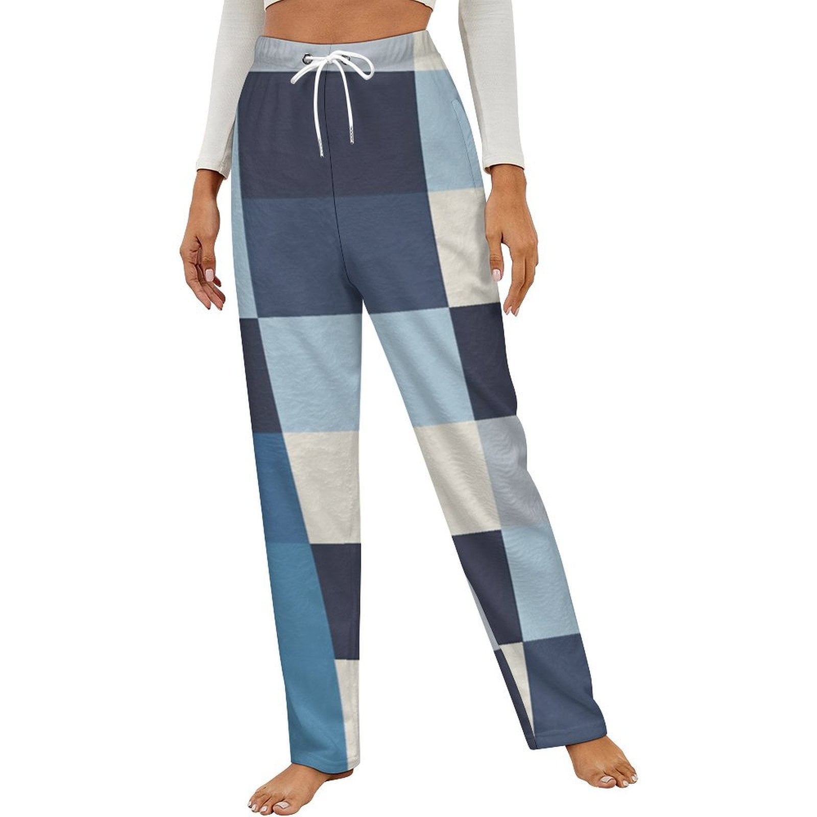 Blue Pixel Art Grid Winter Female Pants Flannel High Waist Women Pants ...