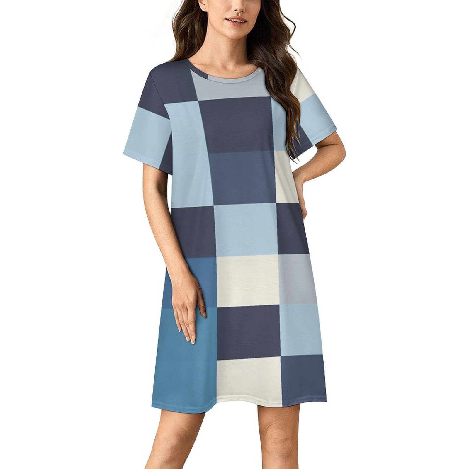 Blue Pixel Art Grid Women Nightgown Sleepwear Short Sleeves For ...