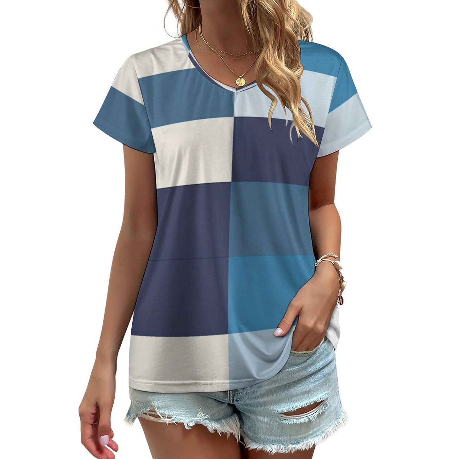 Blue Pixel Art Grid Women's Blouse Short Sleeve Women's Top T-Shirt ...