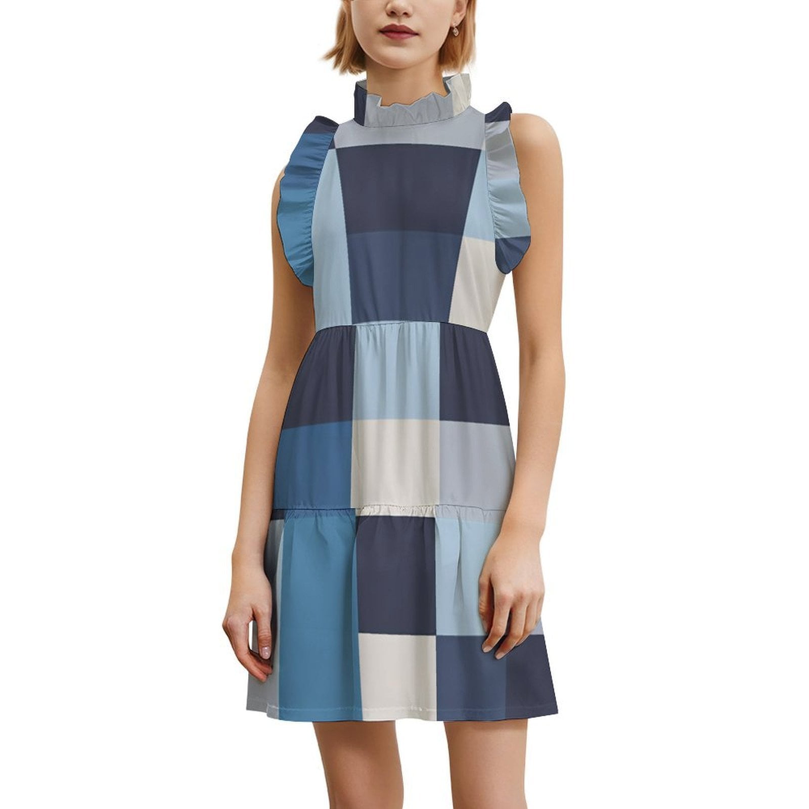 Blue Pixel Art Grid Women's Fashion Casual Dress Summer Stand Up Collar ...