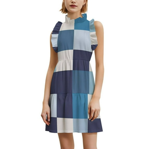 Blue Pixel Art Grid Women's Fashion Casual Dress Summer Stand Up Collar ...