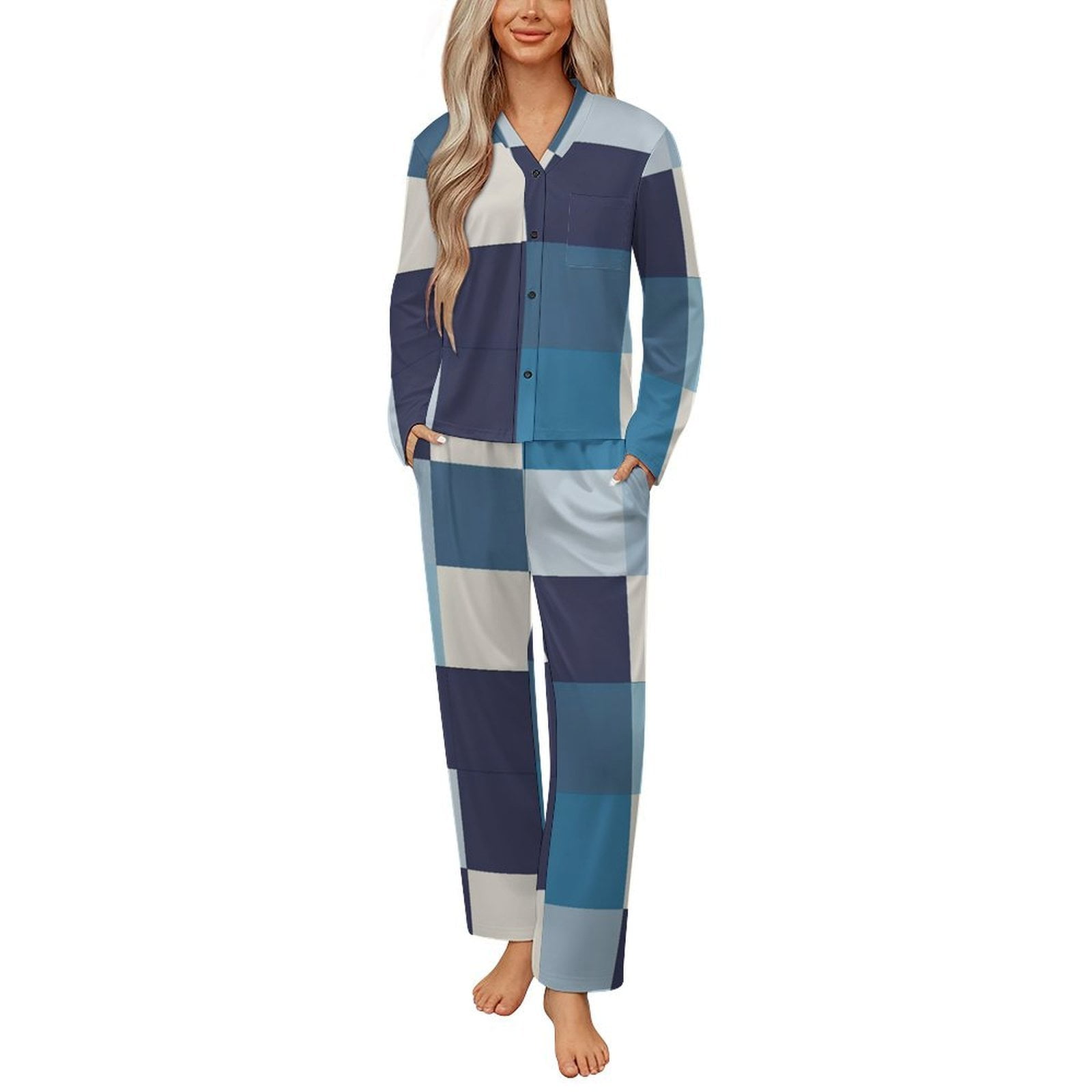 Blue Pixel Art Grid Womens Pyjamas Set Button Up Pyjamas Womens with ...