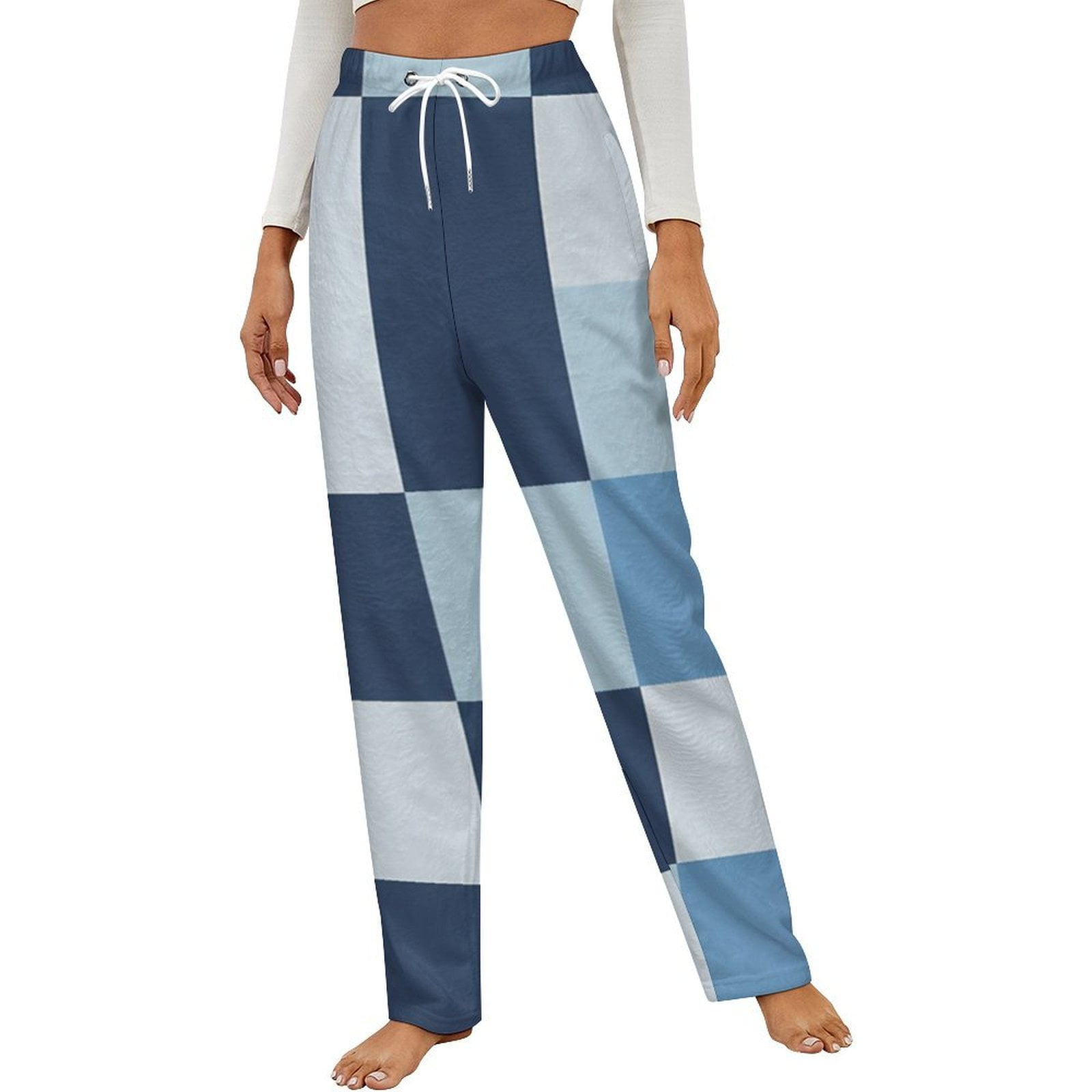 Blue Pixel Art Print Winter Female Pants Flannel High Waist Women Pants ...